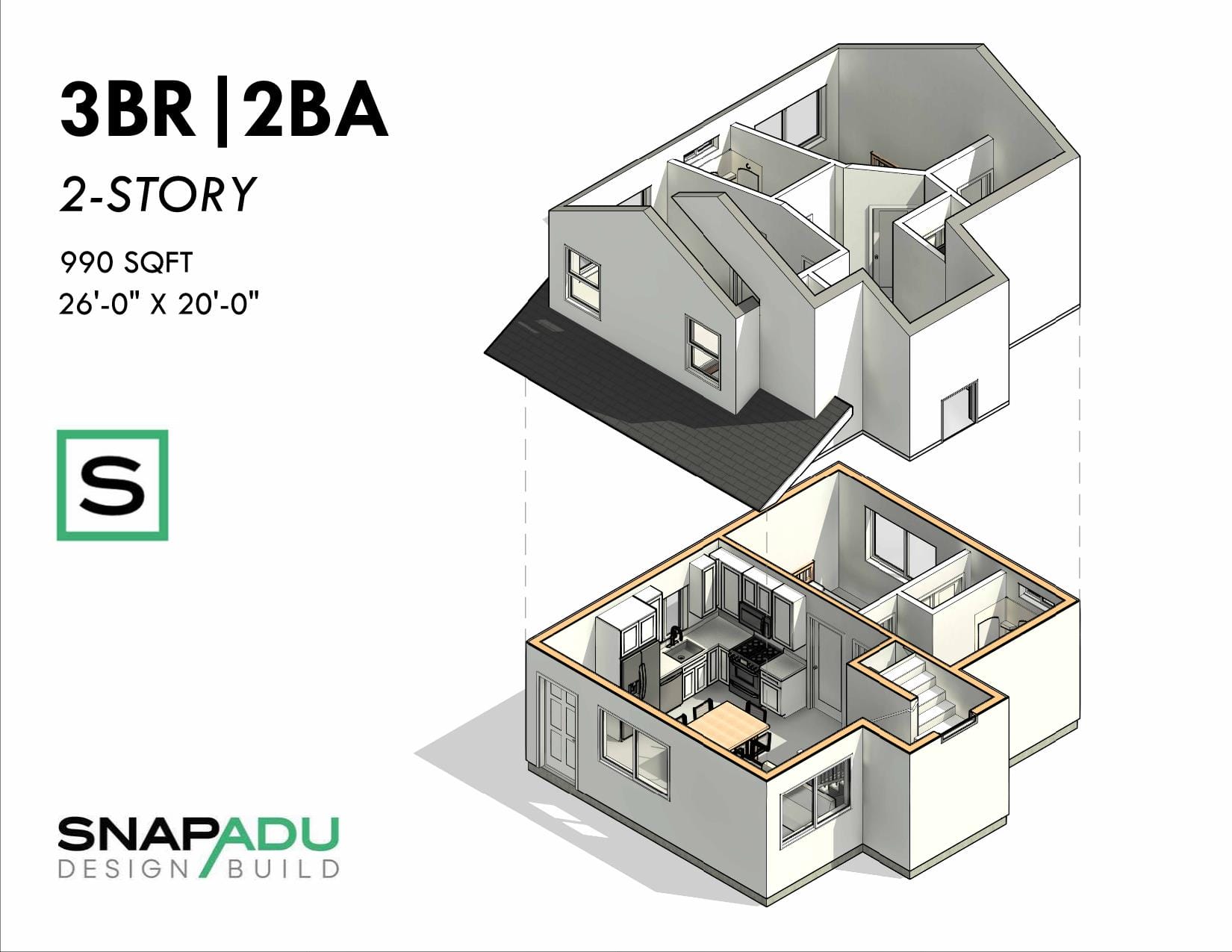 2 Story Guest House Plans - 1000 Sq Ft 3 Bed 2 Bath Design